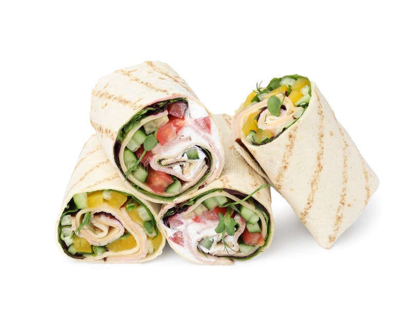 Delicious Sandwich Wraps with Fresh Vegetables Isolated on White Stock ...