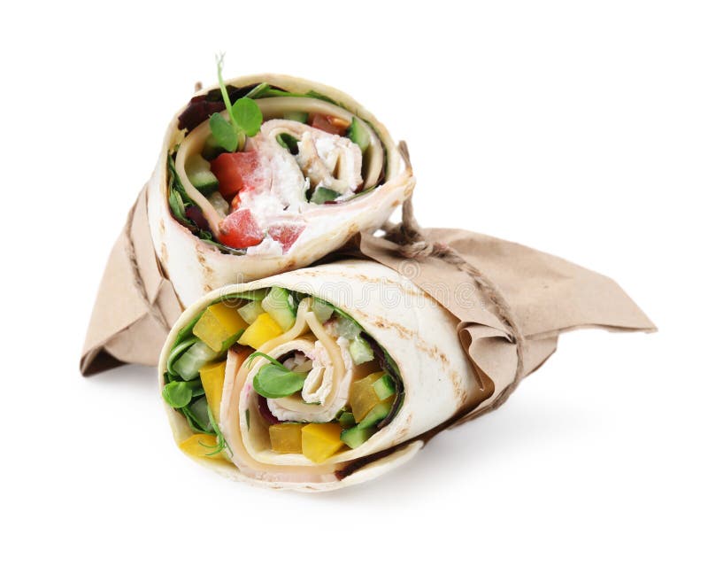 Delicious Sandwich Wraps with Fresh Vegetables Isolated on White Stock ...