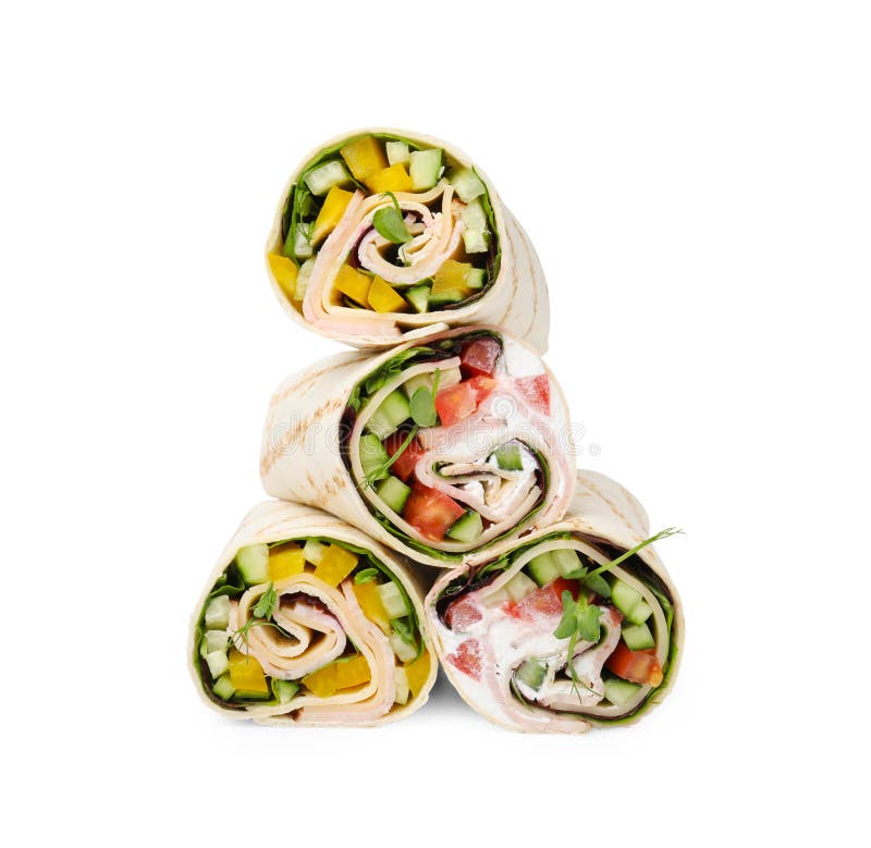 Delicious Sandwich Wraps with Fresh Vegetables Isolated on White Stock ...