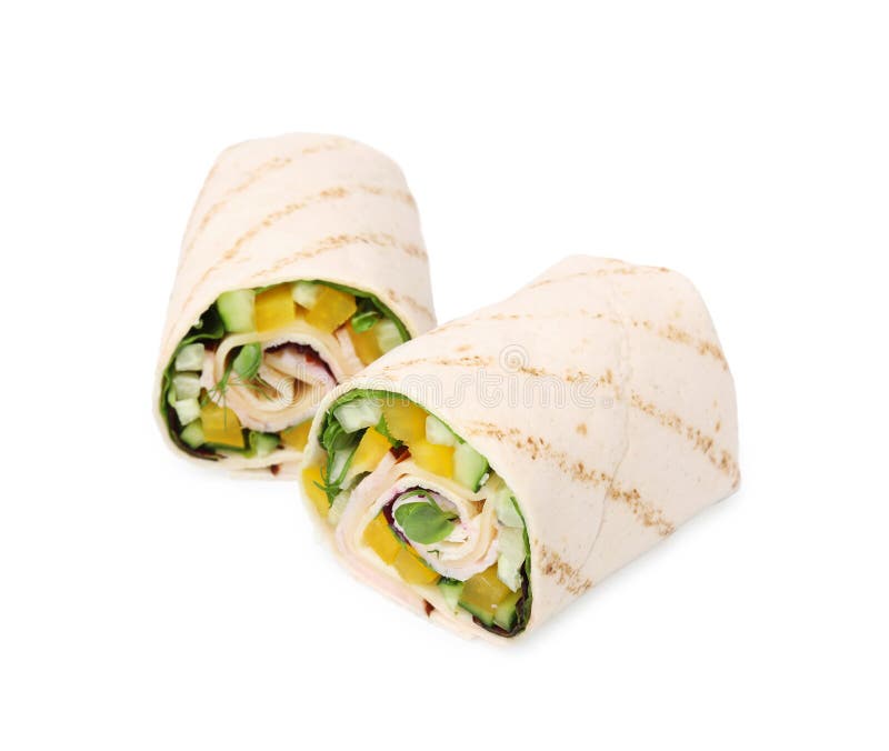 Delicious Sandwich Wraps with Fresh Vegetables Isolated on White Stock ...