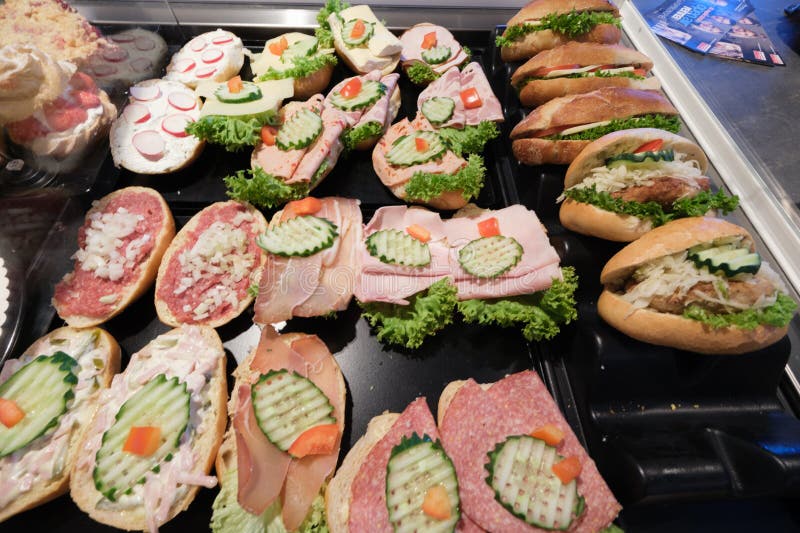 Delicious Sandwiches on Display in a Bakery Stock Photo - Image of shop ...