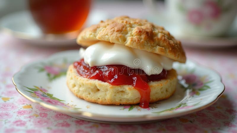 Delicious Scone with Clotted Cream and Jam on Floral Plate Tea on the ...