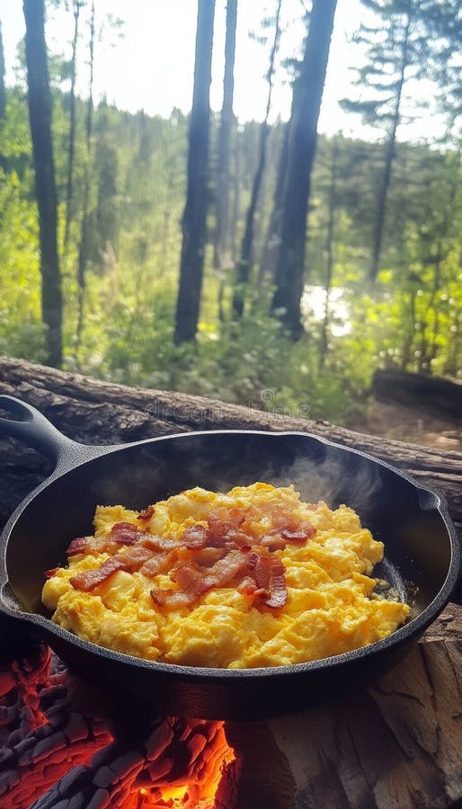 Delicious Scrambled Eggs and Bacon Cooking in a Cast Iron Pan Over a ...
