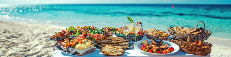 Delicious Seafood Meal on the Beach Background. Selective Focus Stock ...
