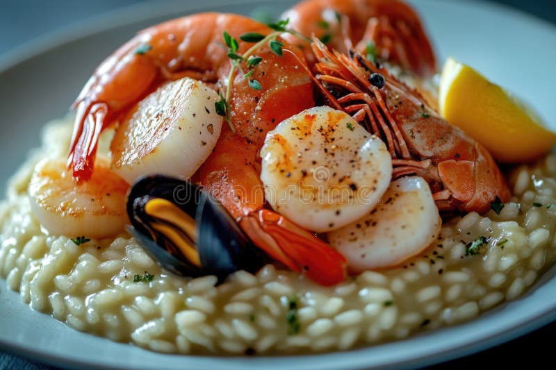 Delicious Seafood Risotto Dish Shrimp Scallops Mussels Stock Photos ...