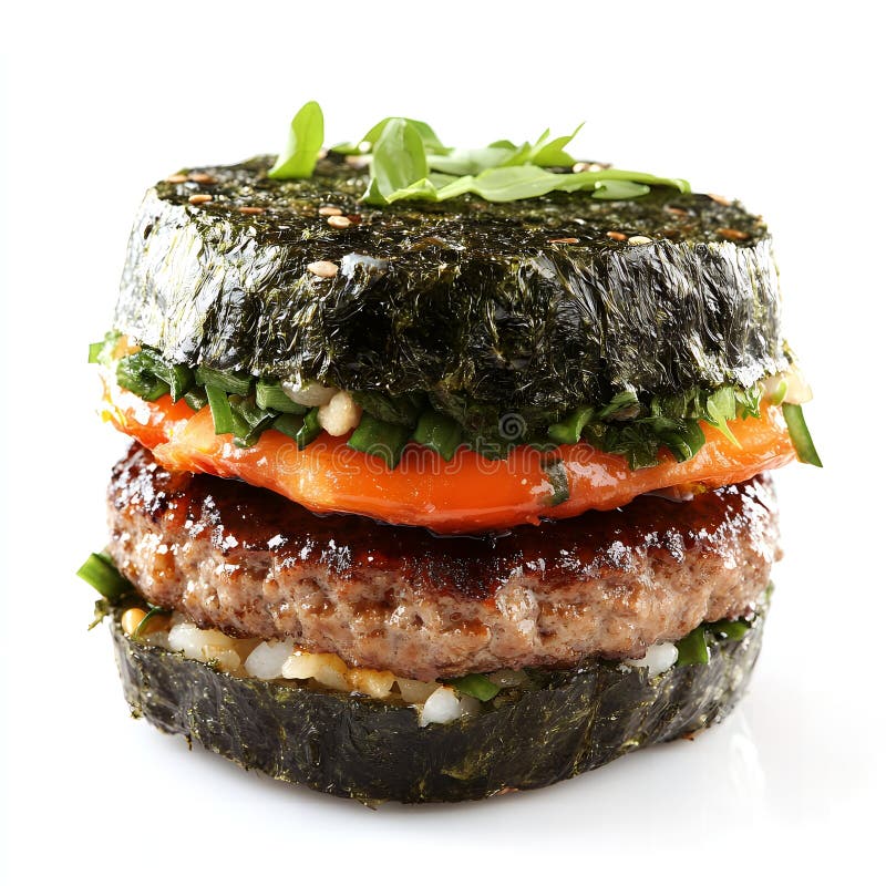 Delicious Seaweed Rice Burger with Beef Patty and Tomato Stock ...
