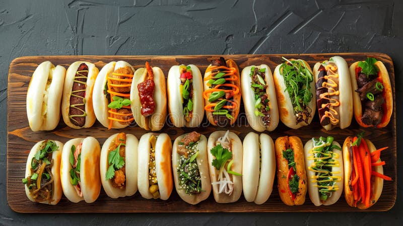 Assorted Bao Buns with Various Fillings on Wooden Board for National ...