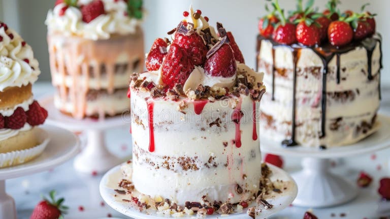 Delicious Selection of Strawberry-topped Layer Cakes with Cream and Chocolate Stock Illustration ...