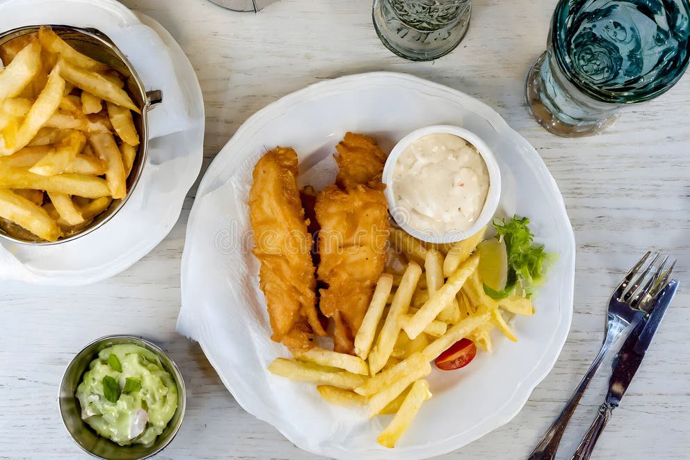 A Delicious Serving of Fish and Chips, Accompanied by Assorted Dips ...