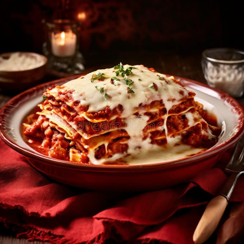 Hearty Lasagna Served on a Rustic Table with Candlelight Stock Image ...
