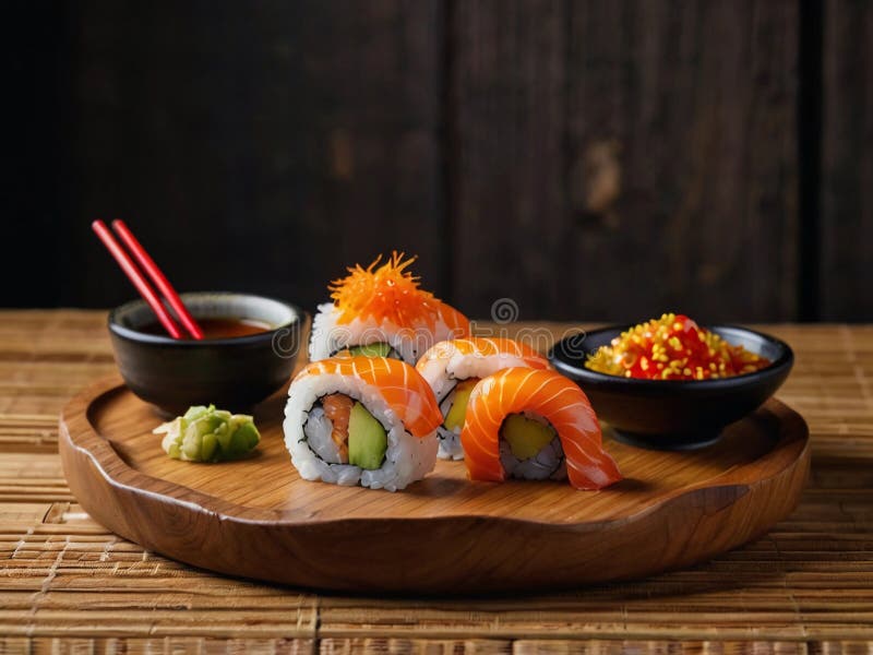 Delicious Serving of Sushi on a Wooden Plate Complete with Various ...