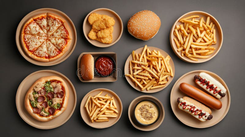 Delicious Set of Fast Food and Junk Food on Plate Stock Illustration ...