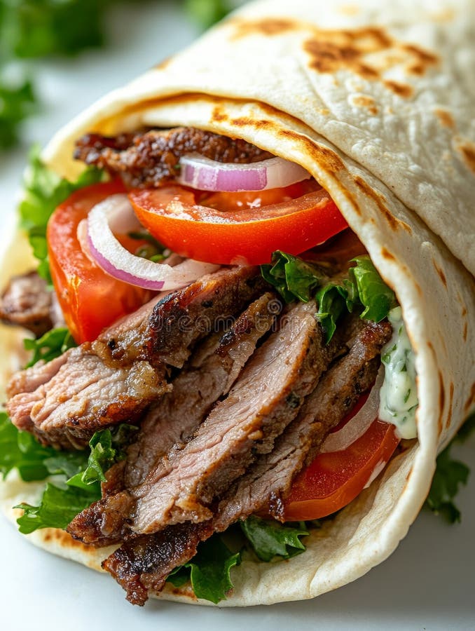 Delicious Shawarma Wrap with Grilled Meat and Fresh Vegetables. Stock ...