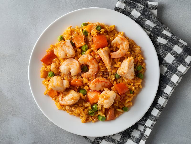 Delicious Shrimp Chicken Rice Dish with Vegetables Top View Stock ...