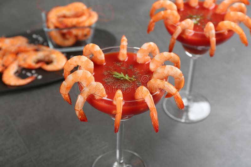 Delicious Shrimp Cocktail with Tomato Sauce on Grey Table Stock Photo ...