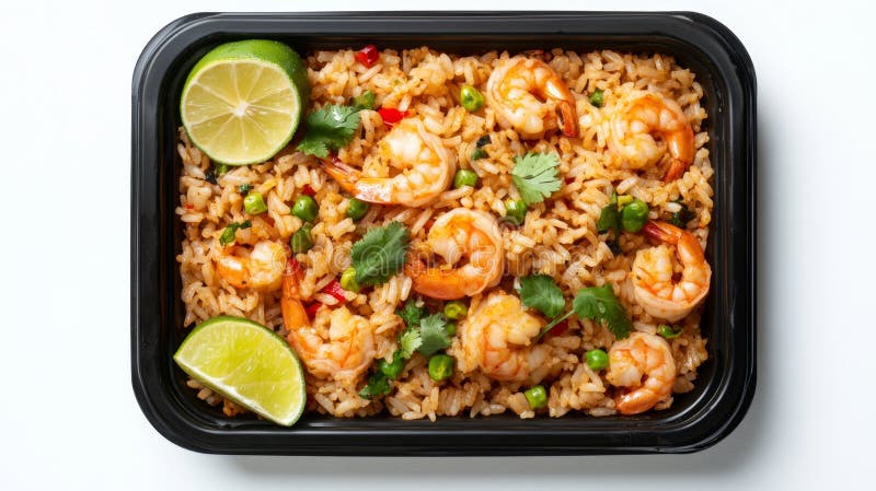 Delicious Shrimp Fried Rice in Black Plastic Rectangular Container ...