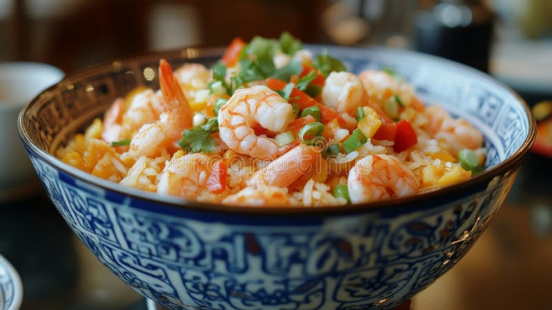 Delicious Shrimp Fried Rice in a Blue Bowl Stock Illustration ...
