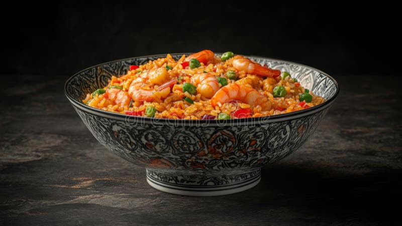 Delicious Shrimp Fried Rice in a Decorative Bowl Stock Illustration ...