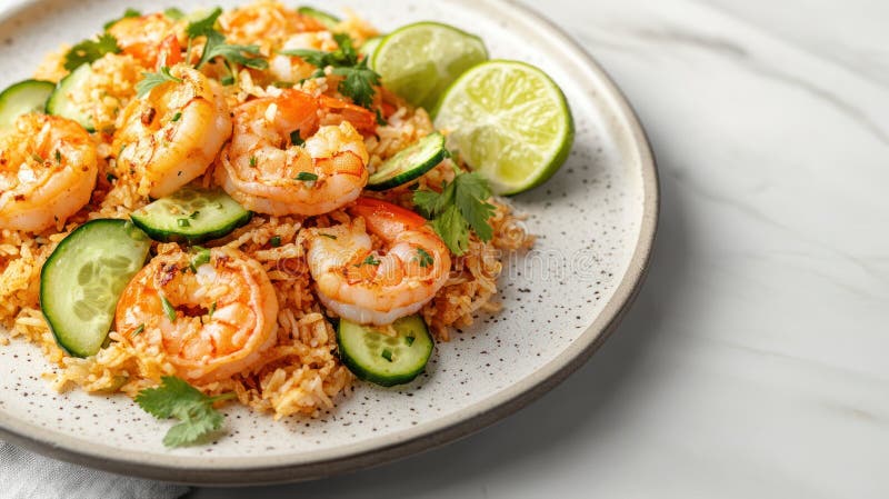 Delicious Shrimp Fried Rice with Lime and Cucumber Garnishes Stock ...
