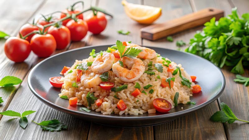 Delicious Shrimp Risotto with Fresh Herbs and Tomatoes on Dark Plate ...