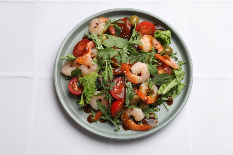 Delicious Shrimp Salad Vegetables White Tiled Table Top View Stock ...