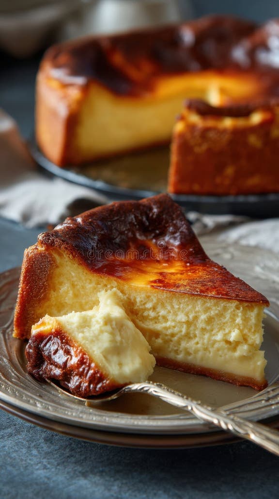 Delicious Slice of Burnt Basque Cheesecake on Elegant Plate with Fork ...