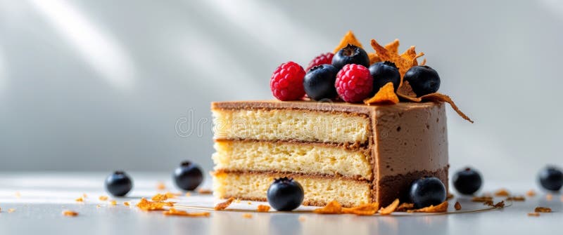 A Delicious Slice of Cake is Decorated with Berries and Flakes. Stock ...