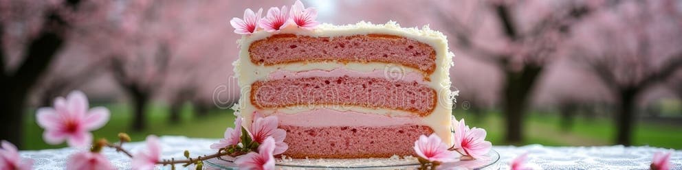 Delicious Slice of Cherry Blossom Cake in Blooming Orchard Setting ...