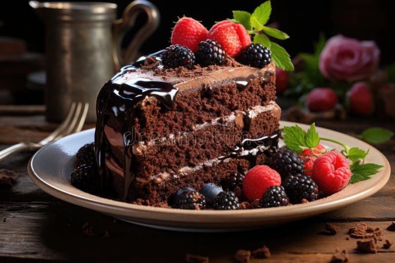 Delicious Slice of Chocolate Cake in Rustic Dishes Generated Stock ...