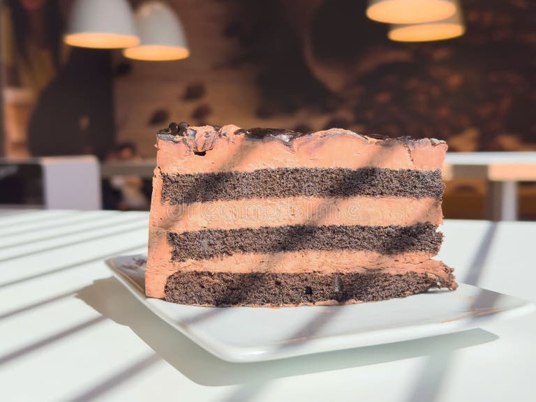 Delicious Slice of Chocolate Layer Cake on White Plate in Sunlit Cafe ...