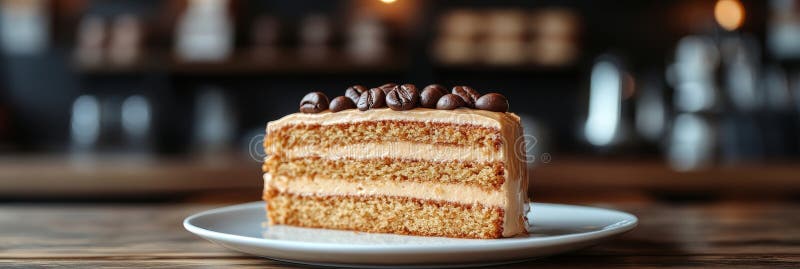 Delicious Slice of Coffee Cake Topped with Coffee Beans on White Plate ...