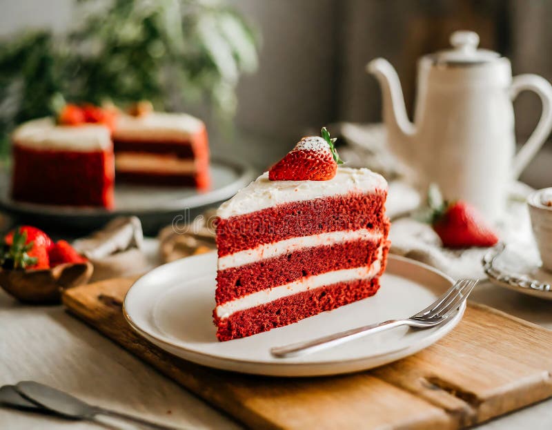 Delicious Slice of Red Velvet Cake with Strawberry on Rustic Elegant ...