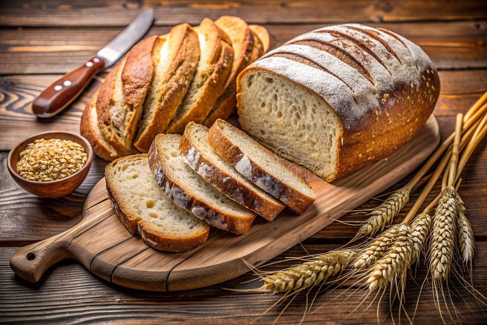 Delicious Sliced Bread Rests on a Plank on a Rustic Wooden Table. Stock ...