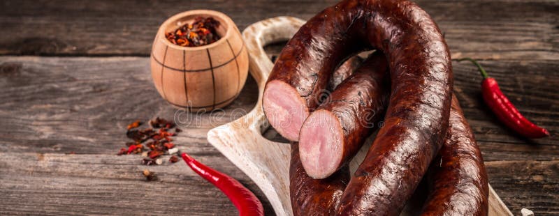 Delicious Sliced Sausages on Table. Long Banner Format Stock Image ...