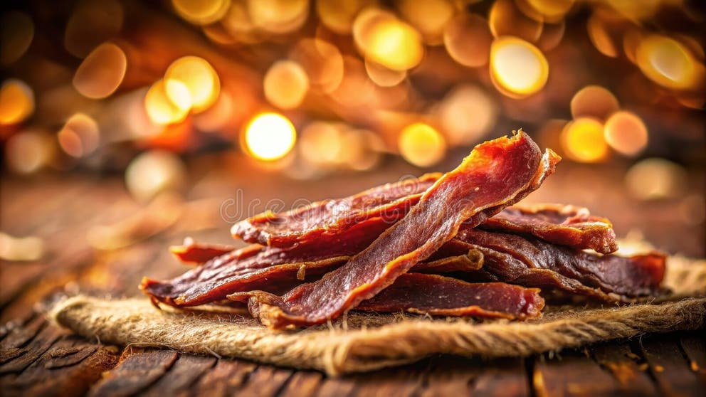 Delicious Smoked Meat Jerky Strips on Rustic Burlap. Generative AI ...