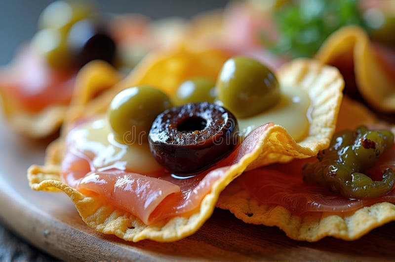 Delicious Snack Plate with Olives, Prosciutto, and Cheese on Crispy ...