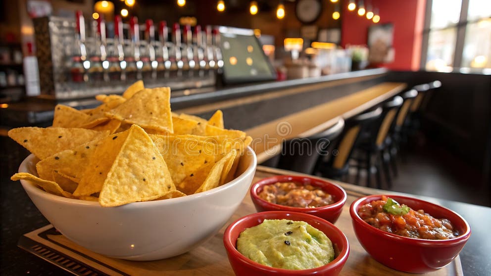 Delicious Snack Time with Corn Chips and Dips in a Cozy Restaurant ...