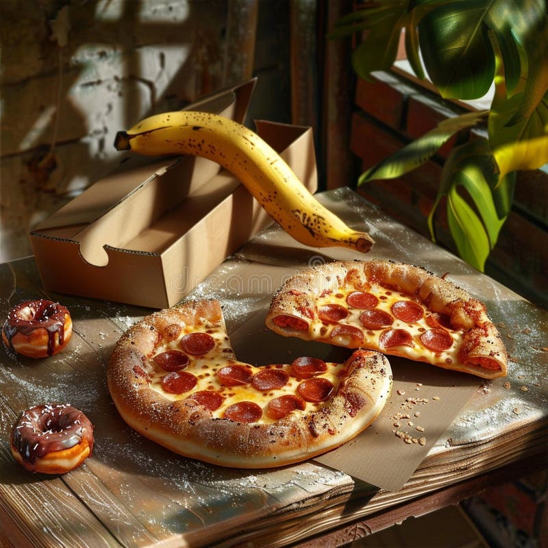 Delicious Snacks: a Ripe Banana, a Doughnut, and Pizza Boxes on a Bench ...