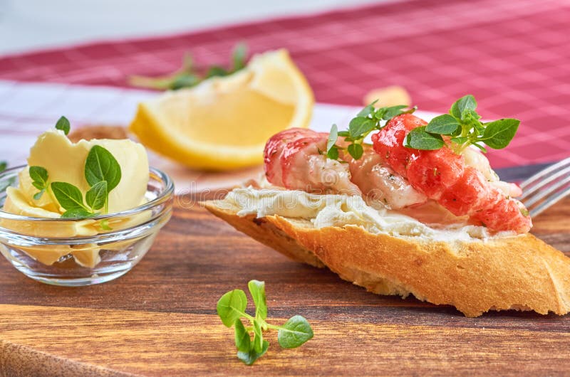 Delicious Snacks with Shrimp, Fish and Avocado Stock Image - Image of ...