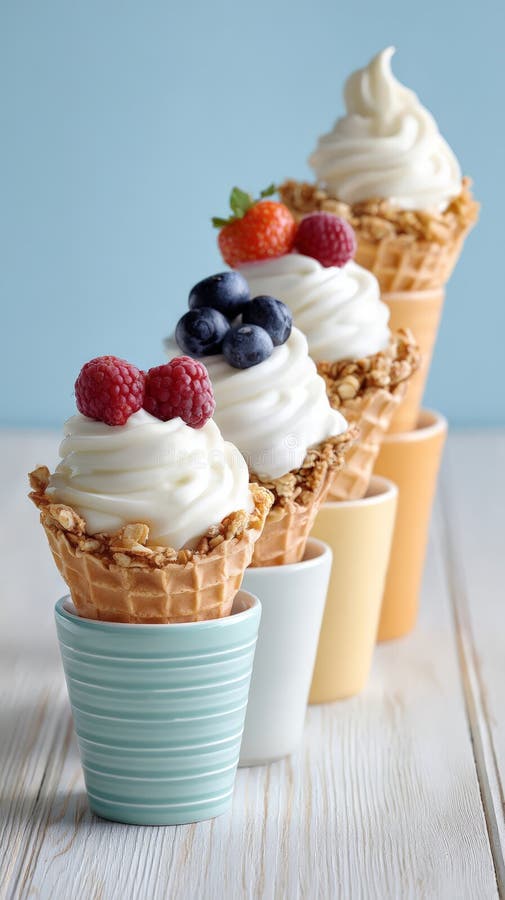 Delicious Soft Serve Ice Cream Cones with Fresh Berries and Nuts Stock ...