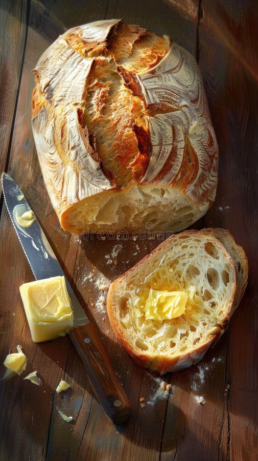 Delicious Sourdough Bread Sliced with Butter on a Rustic Wooden Table, Vertical Poster Stock ...