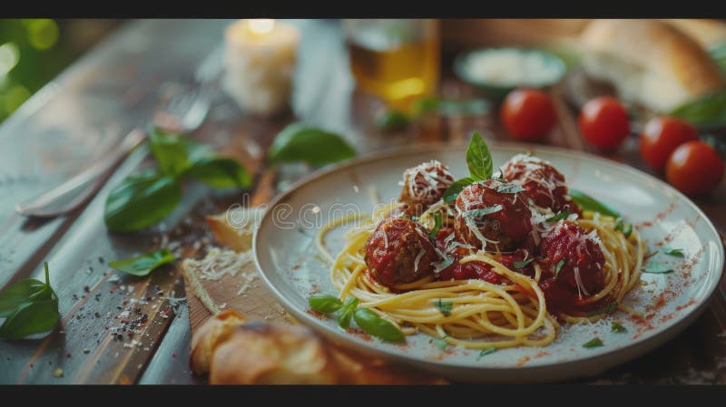 Delicious Spaghetti Bolognese with Meatballs and Fresh Basil on Rustic ...