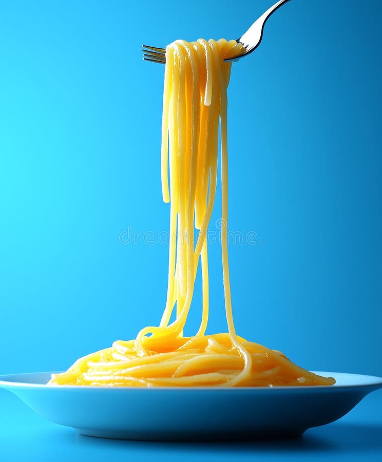 Delicious Spaghetti Noodles Lifted by Fork Against Vibrant Blue ...