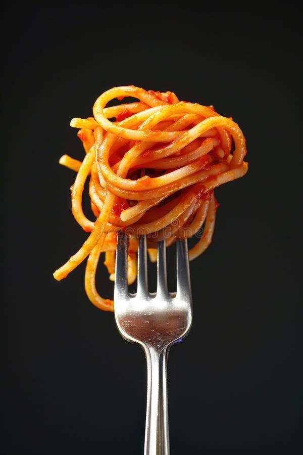 Delicious Spaghetti Pasta Twirled on Fork Against Dark Background Stock ...