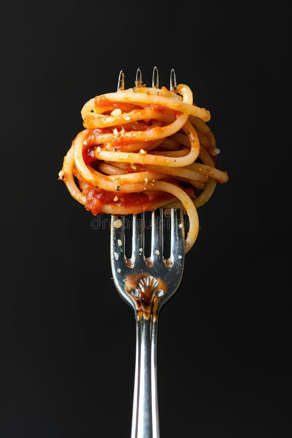 Delicious Spaghetti Pasta Twirled on Fork Against Dark Background Stock ...