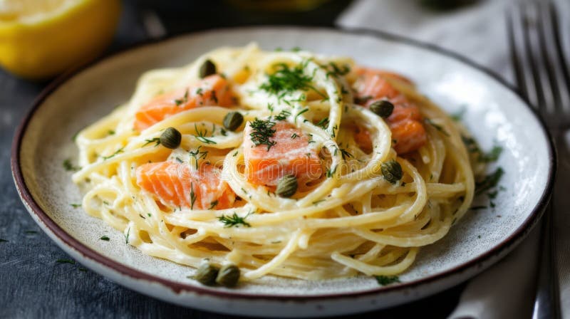 Delicious Spaghetti with Salmon, Capers, and Herbs on a Rustic Table ...