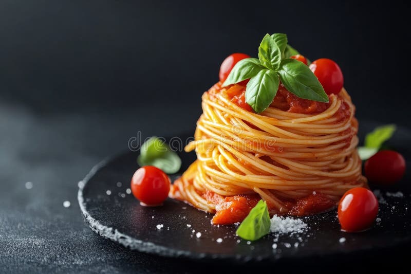 Delicious Spaghetti is Twirled Elegantly on a Black Plate. Red Tomatoes ...