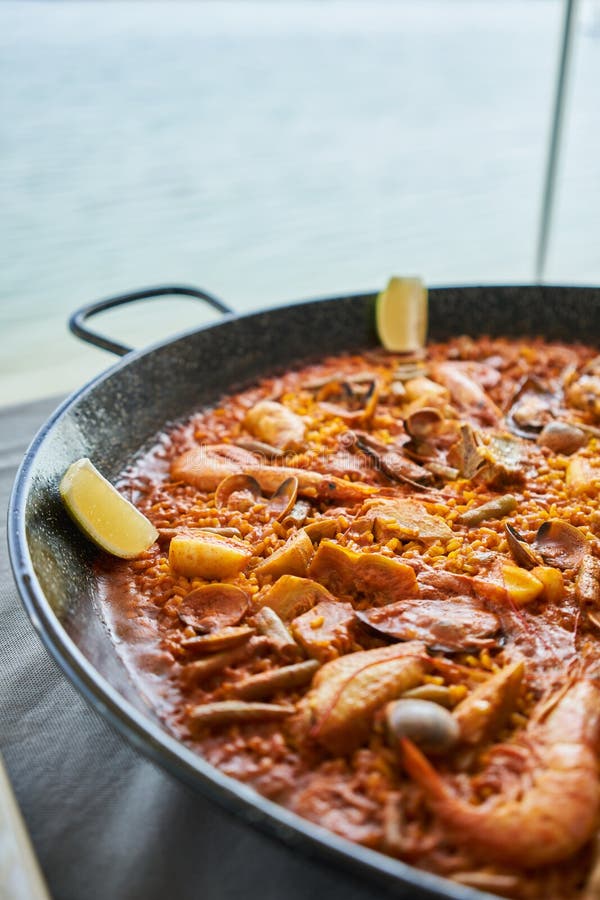 Delicious Spanish Shellfish Paella on Cloth Surface Stock Image - Image ...