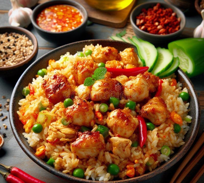 Delicious Spicy Chicken Fried Rice. Stock Illustration - Illustration ...