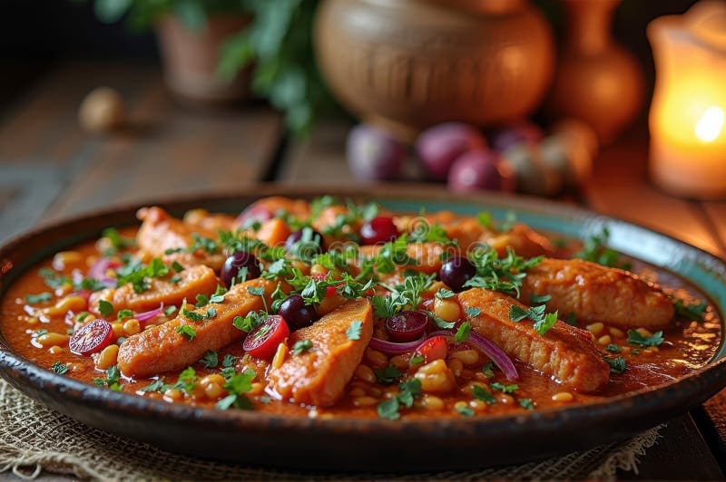 Delicious Spicy Chicken with Vegetables and Herbs on Rustic Plate Stock ...